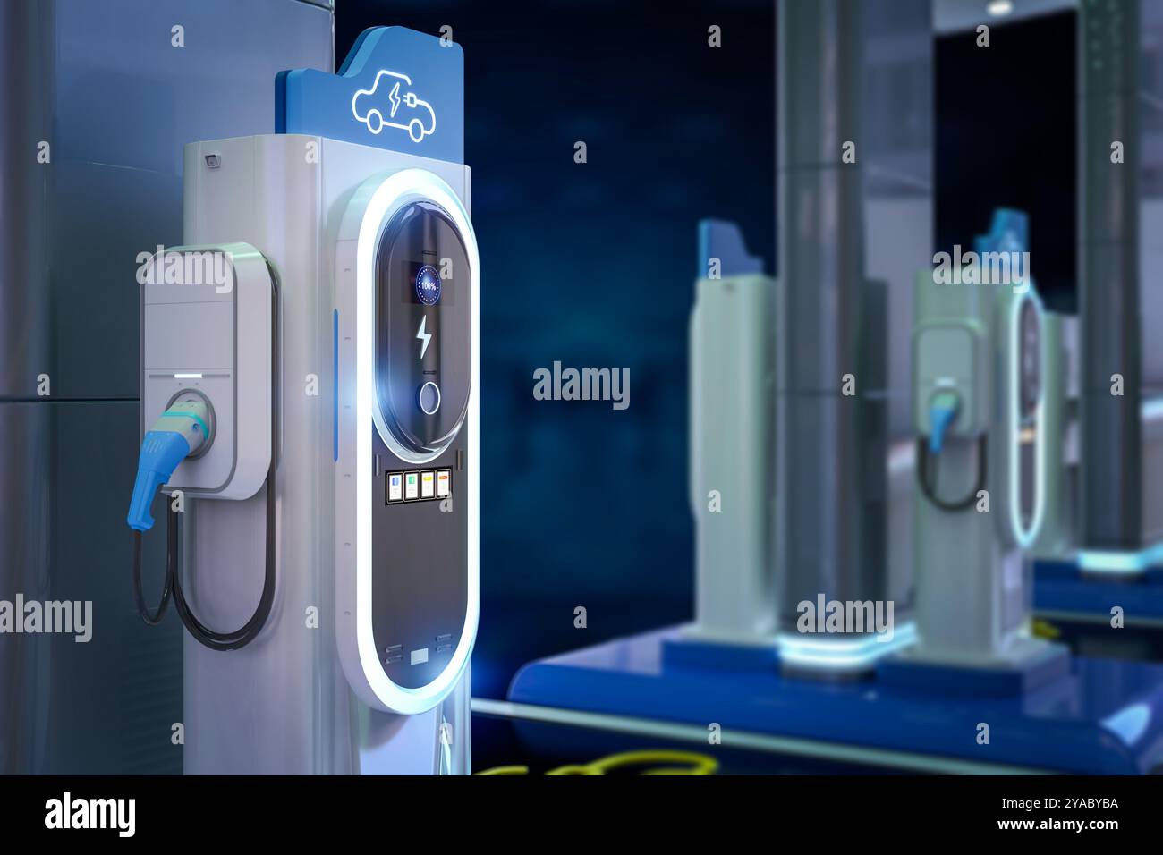 3d rendering group of ev charging stations or electric vehicle ...