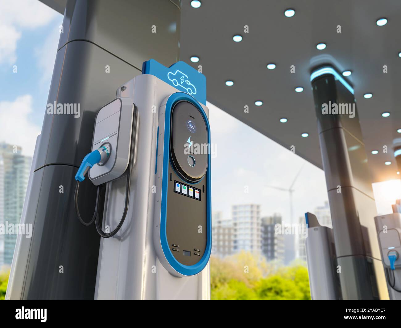 3d rendering group of ev charging stations or electric vehicle recharging stations with roof ...