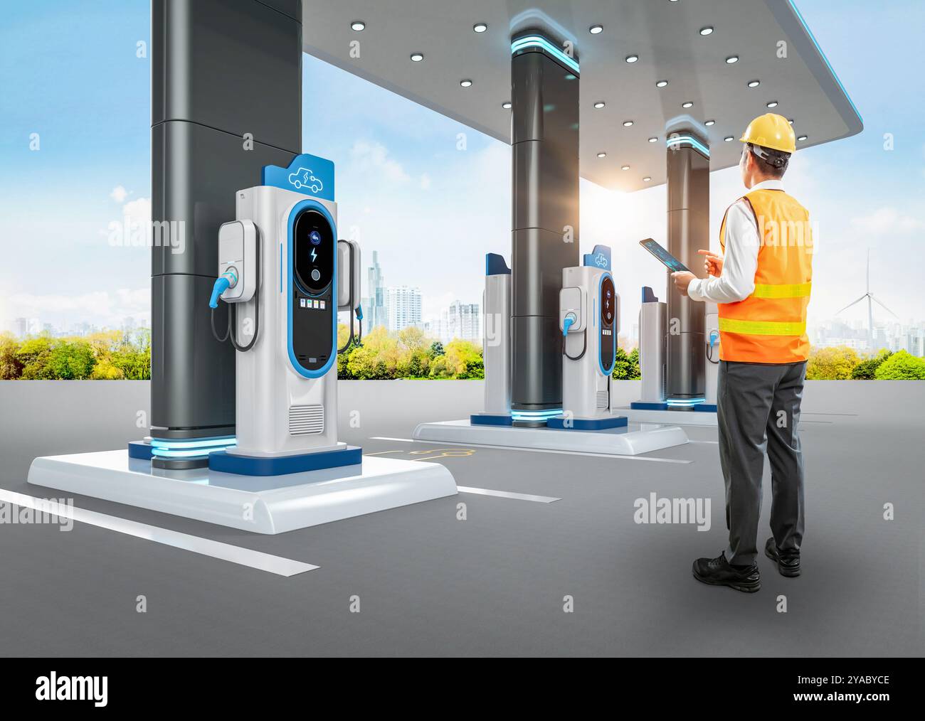 Asian engineer or technician with EV charging stations or electric ...