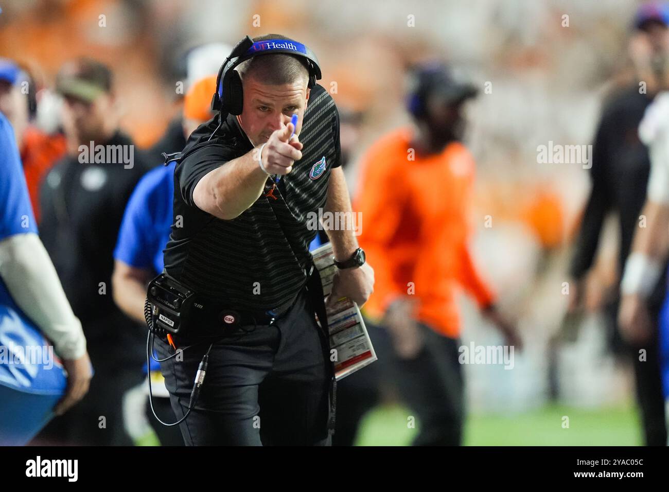 October 12, 2024: head coach Billy Napier of the Florida Gators signals ...