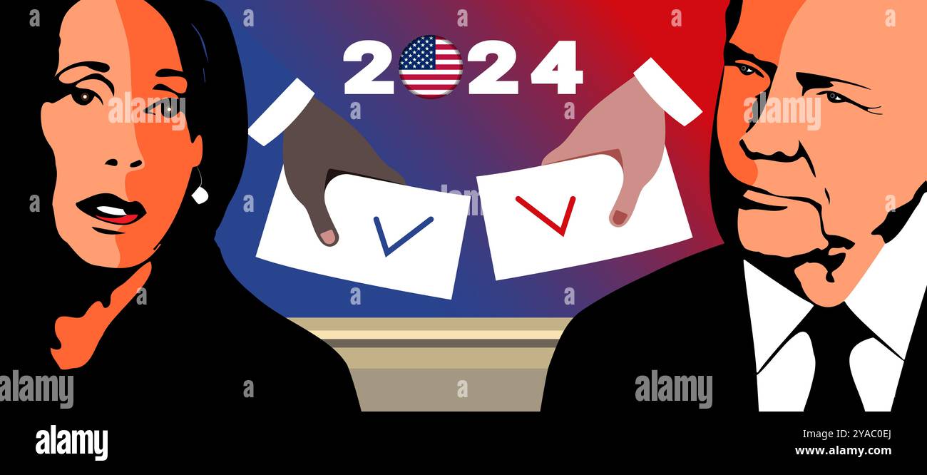 Donald Trump and Kamala Harris against the background of the hands of ...