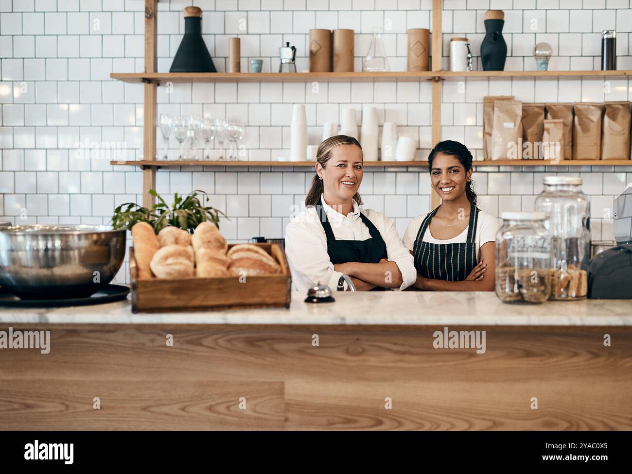 Business women, portrait and cafe with confidence for small bakery ...