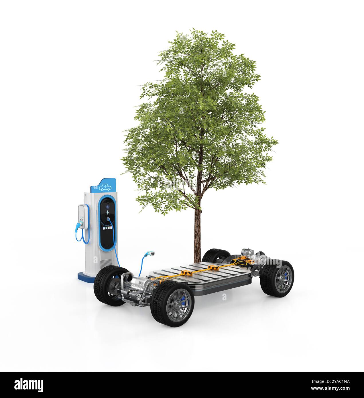 3d rendering ev car or electric vehicle plug in with recharging station ...