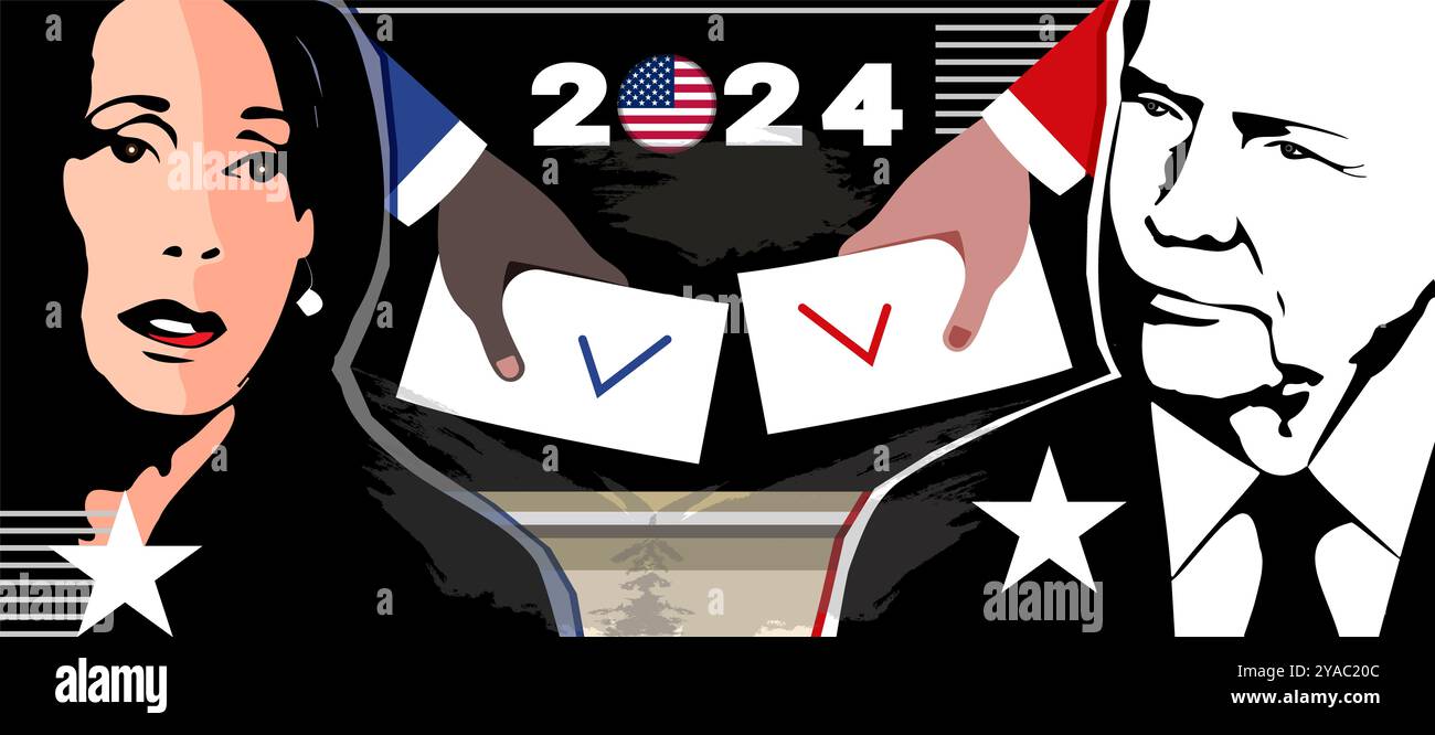 Donald Trump and Kamala Harris against the background of the hands of ...