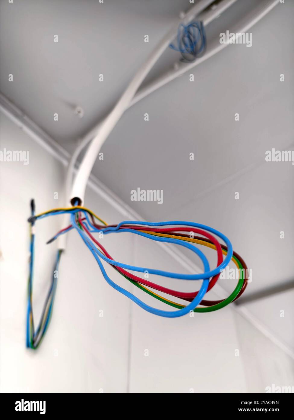 A collection of various wires is hanging down from the ceiling Stock ...