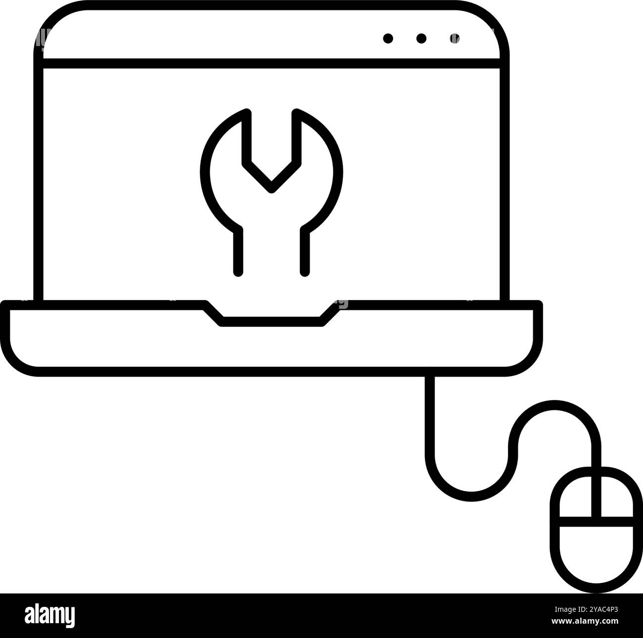 Computer with mouse, wrench on screen. Coding tools, construction of powerful software solutions ...