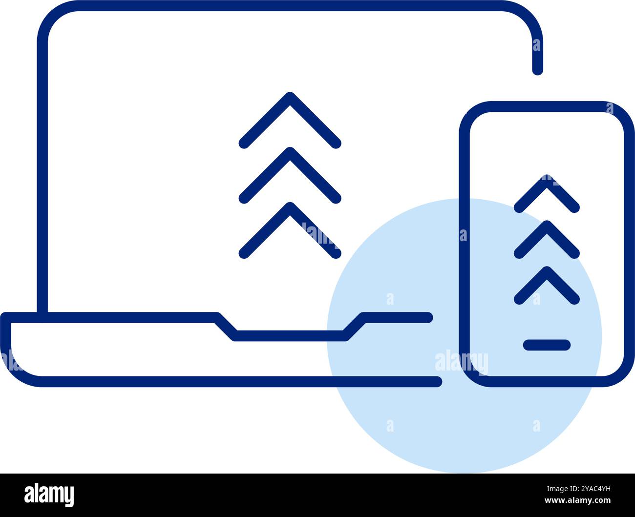 Laptop and smartphone with upload arrows. Cross-platform connectivity. Seamless data transfer ...