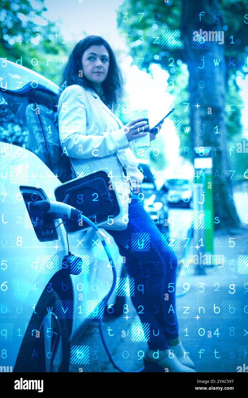 Virus background against businesswoman charging electric car at ...