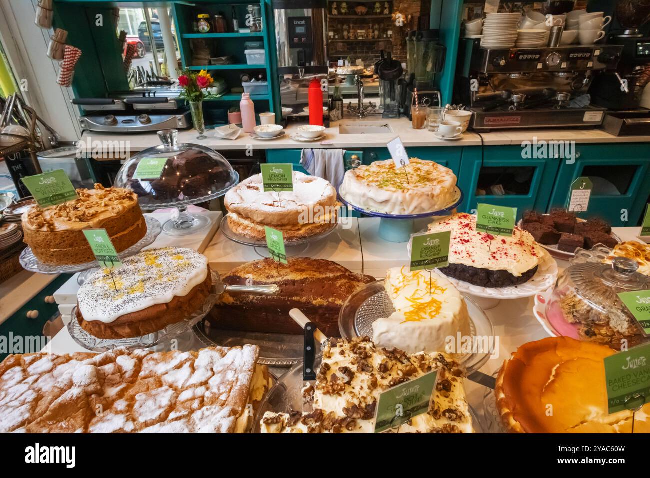 England, Kent, Tunbridge Wells, The High Street, Juliets Cafe display ...