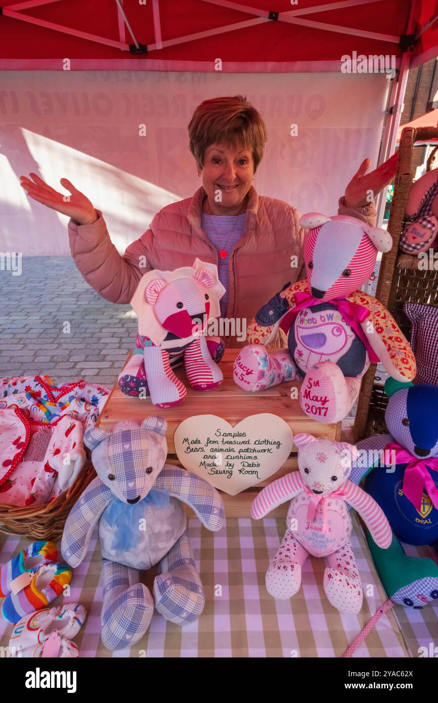 England, Kent, Sandwich, The Weekly Street Market, Woman Selling Patchwork Memorial Bears Stock ...