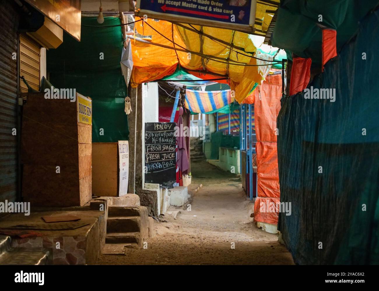 GOA, India - March 1, 2024: Alley of a closed street market. Empty ...