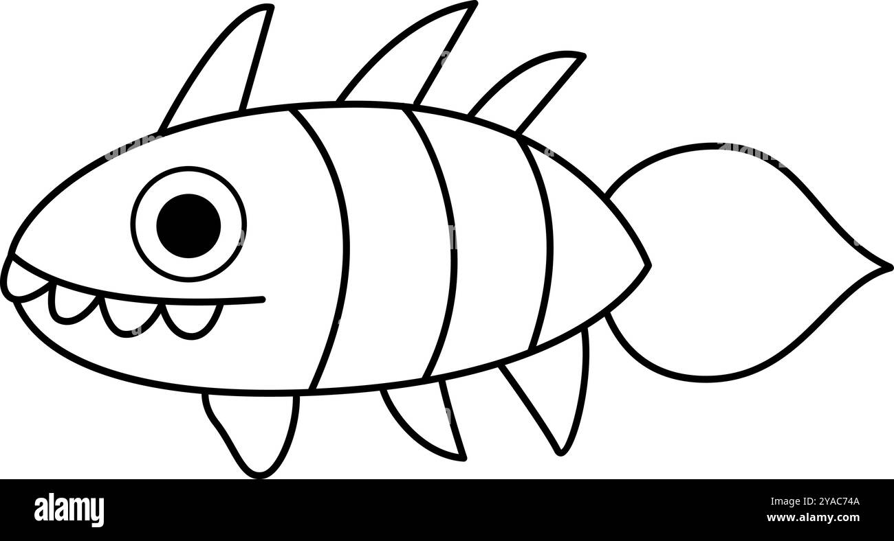 Vector black and white cartoon prehistoric fish icon with teeth. Cute ...