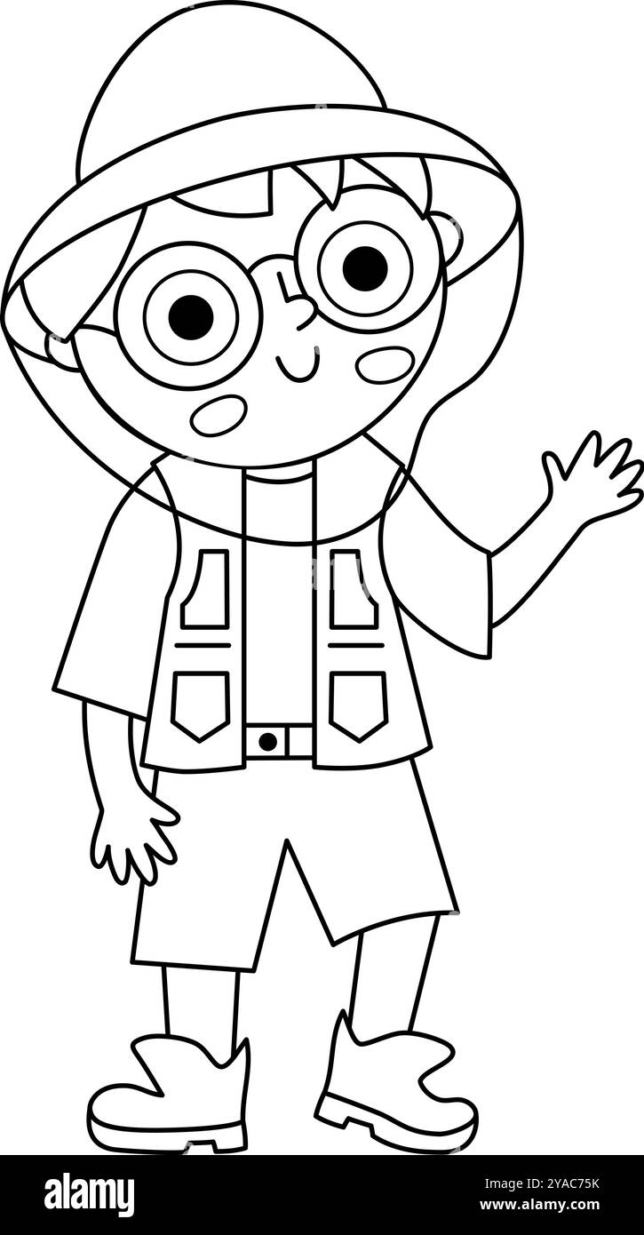 Vector black and white paleontologist icon. Cartoon archeologist boy ...