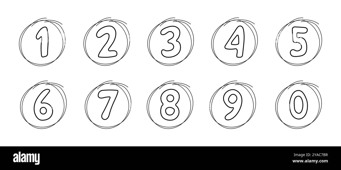 Doodle number, set numeric outline comic figure. 1 to 0 hand drawn ...