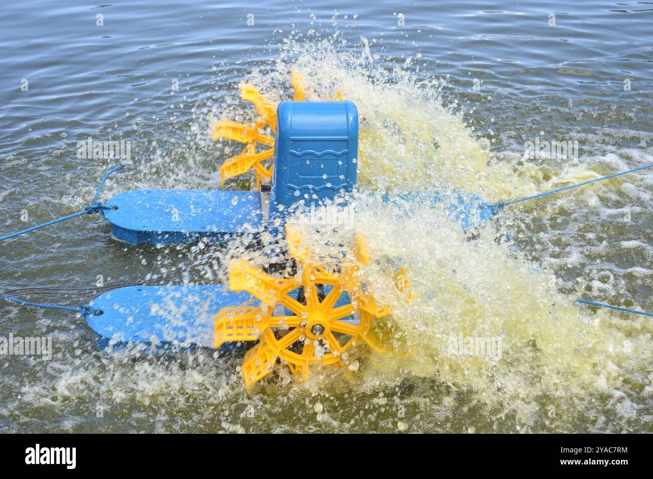blue and yellow Waterwheel in a pond of shrimp Stock Photo - Alamy