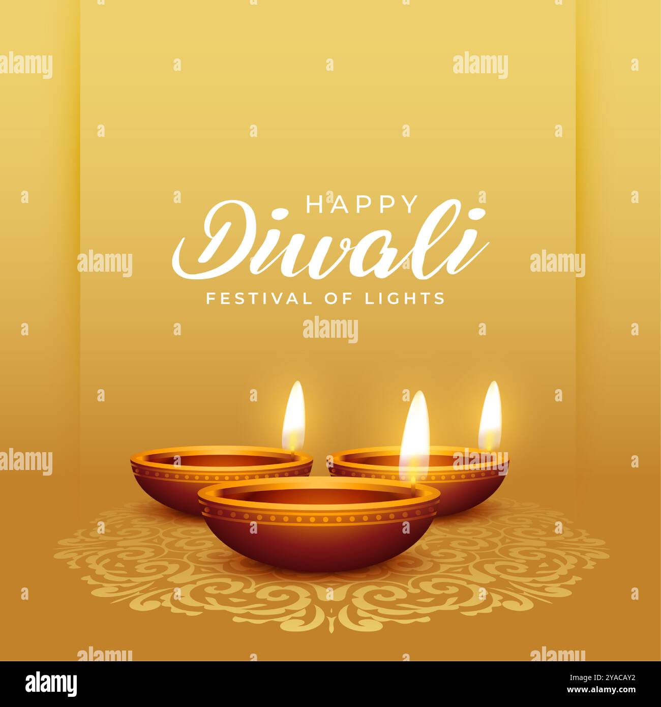 elegant happy diwali greeting card with oil lamp on rangoli design ...