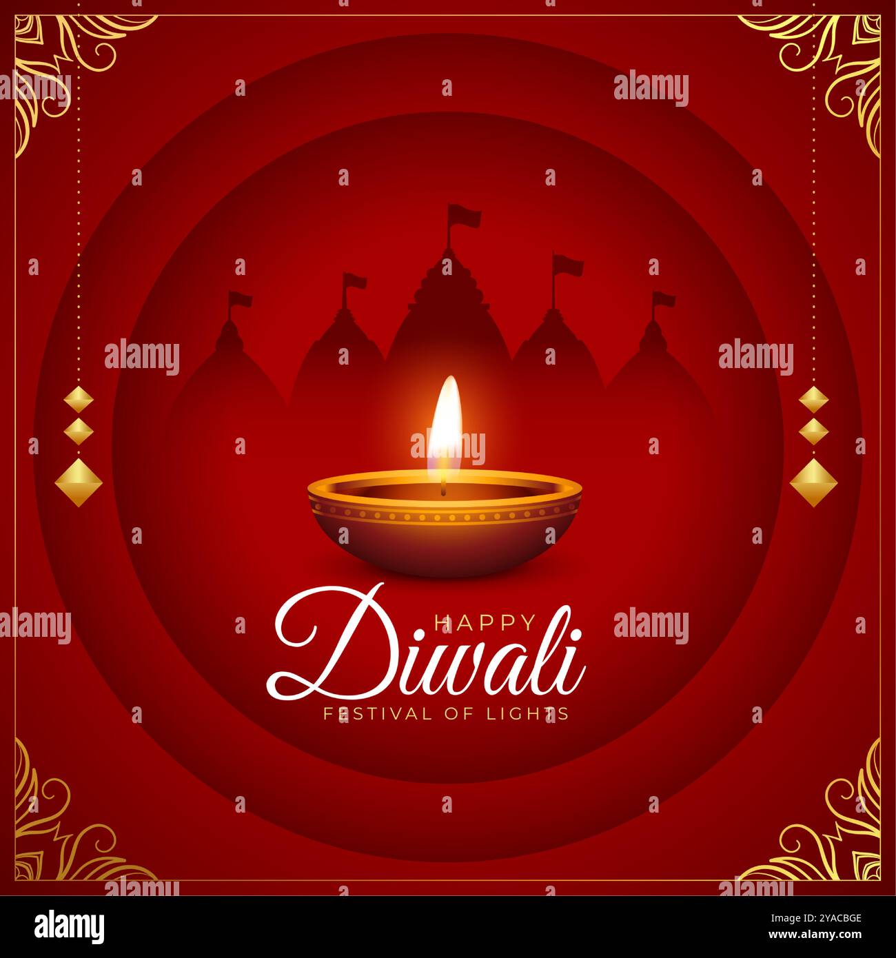traditional happy diwali red background with burning diya and temple ...