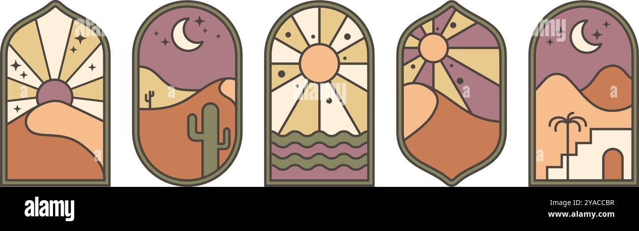 Desert boho logo with mountain and sun landscape. Bohemian valley with ...