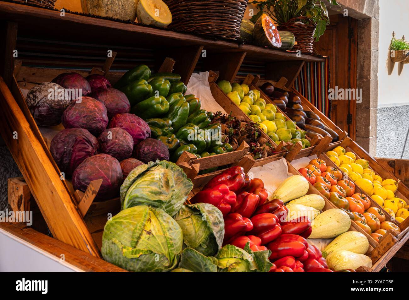 A colorful display of vegetables and fruits, including tomatoes ...