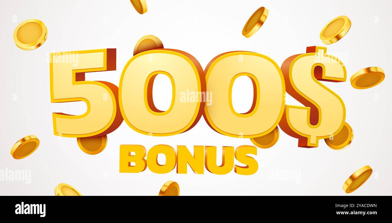 500 dollars bonus with podium and falling golden coins. Cashback or ...