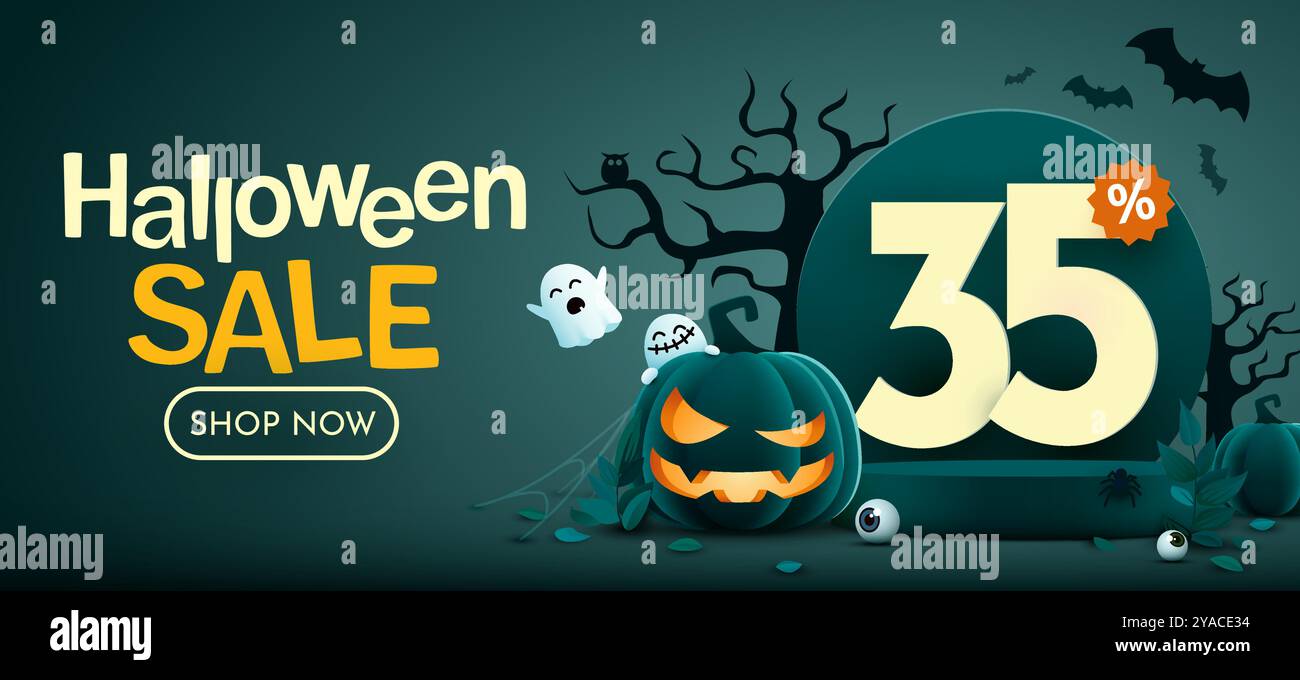 35 percent off. Halloween sale banner template. Podium and numbers with ...