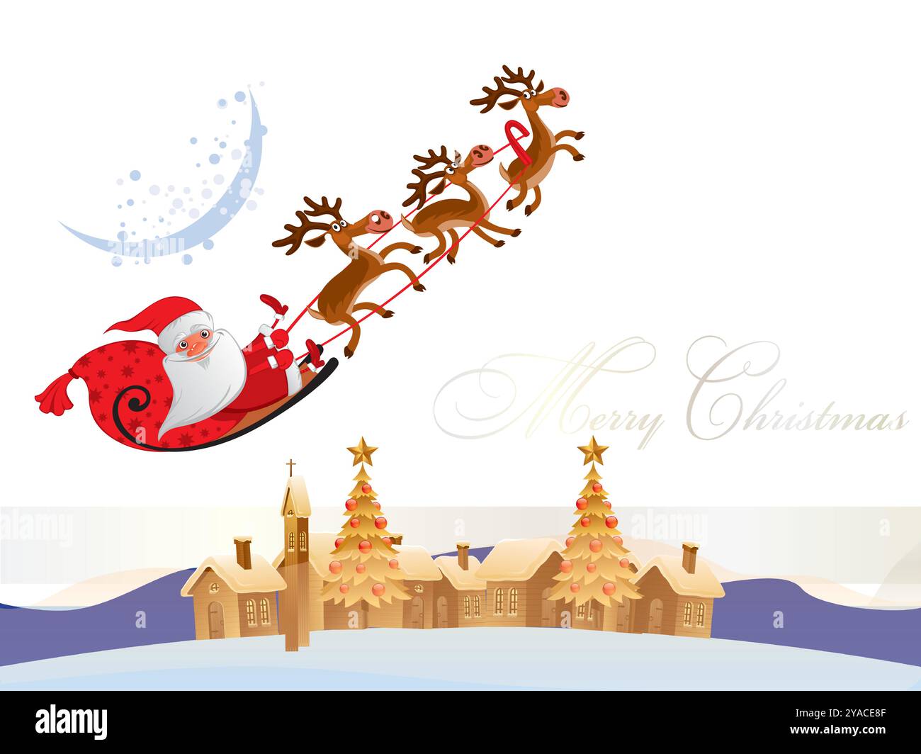 Santa with reindeer flying in the sky. Merry christmas. A house with a ...