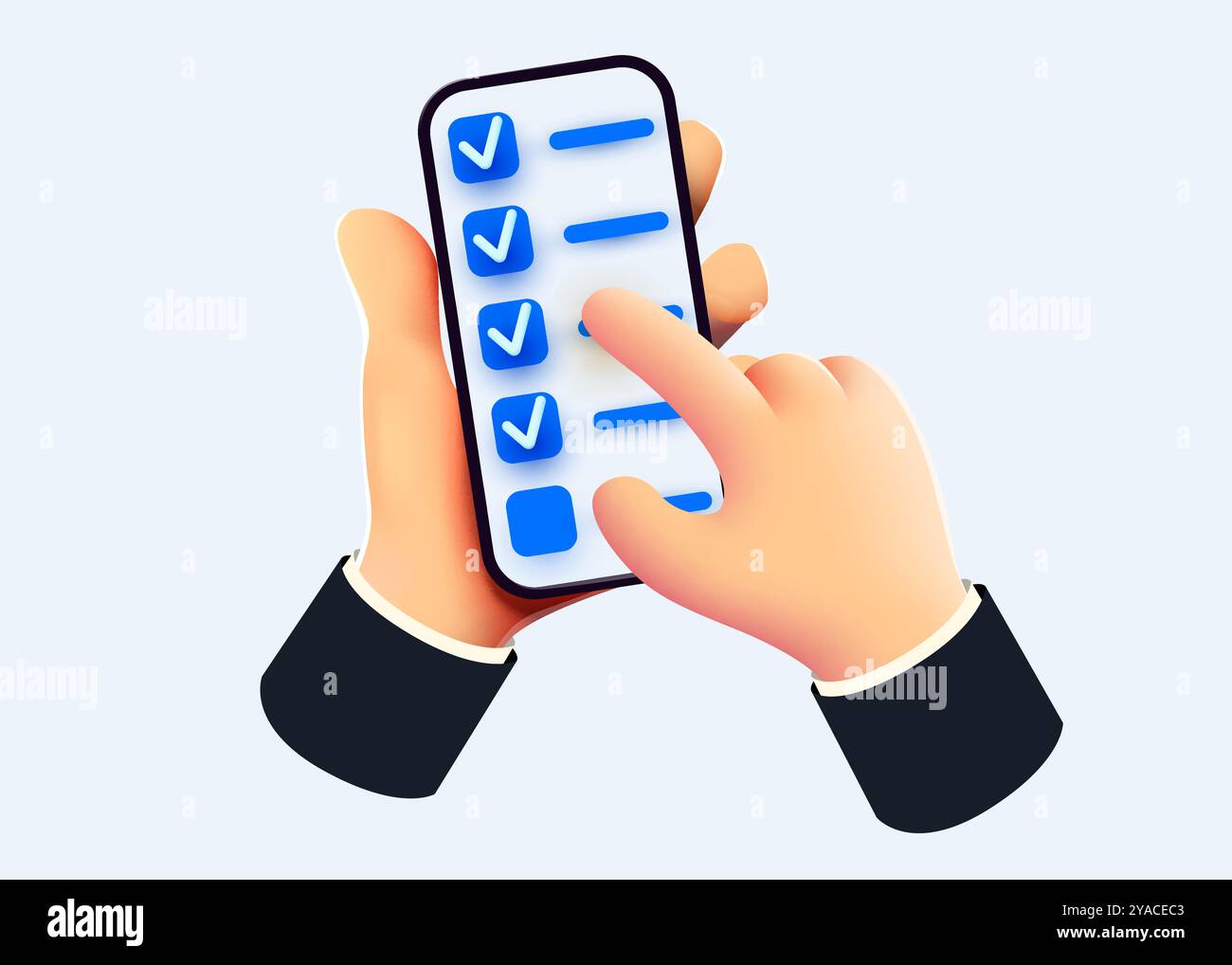 Cute cartoon hand holding mobile smartphone with checklist. Feedback ...