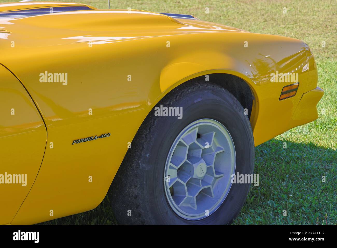 Showing the front wheel, fender, hood, and part of the door of a ...