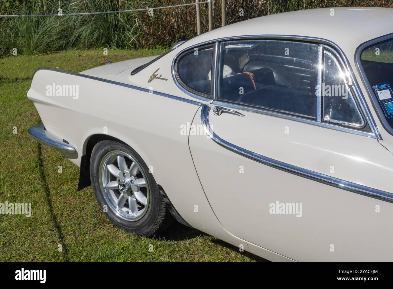 Classic white volvo p1800s sports coupe parked on grass, rear side view ...