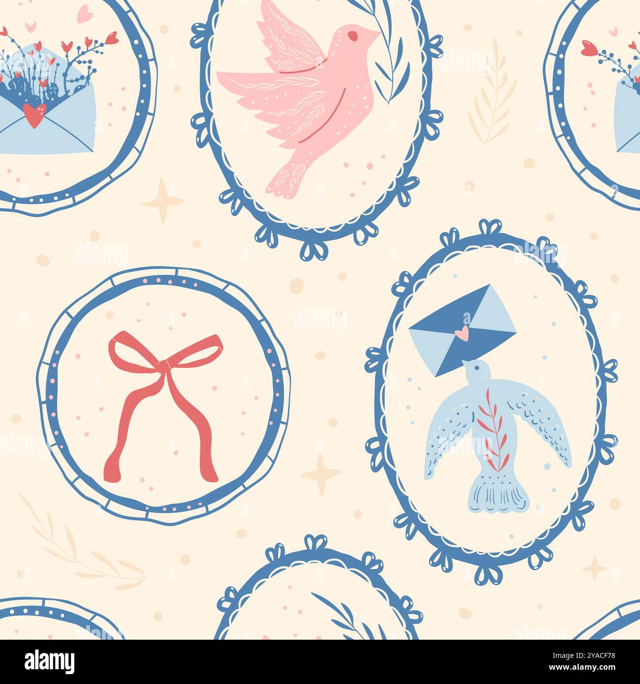 Homing pigeons seamless pattern. Carrier pigeon, bow and envelope in ...