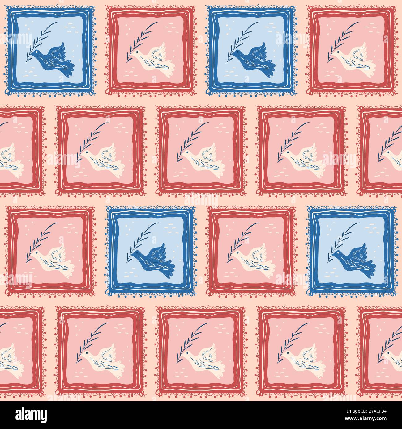 Flying pigeon holding an tree branch patchwork seamless pattern. Dove folk style quilted endless ...