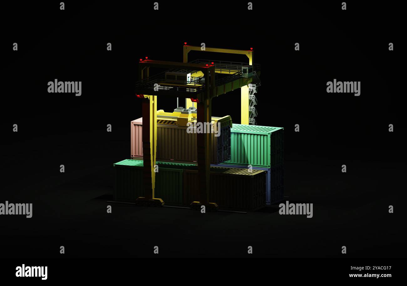 Yellow gantry crane hoists a shipping container above a stack of ...