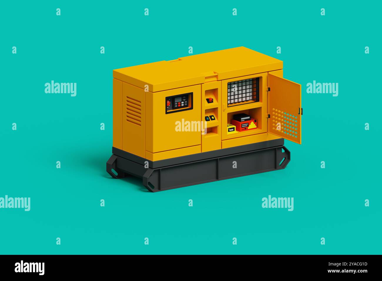 Single orange diesel generator with open door featured on an isolated ...