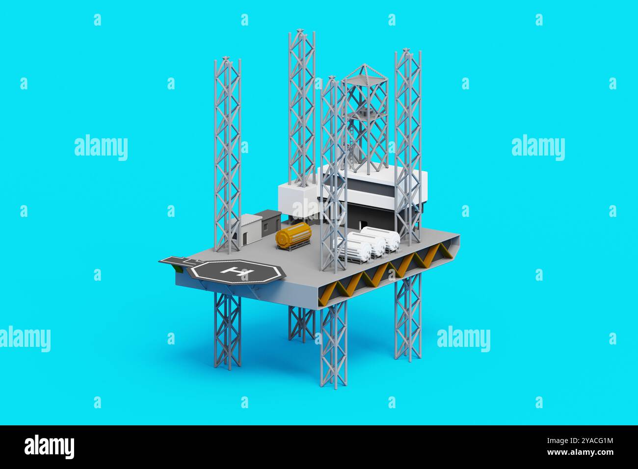 3D illustration of a crude oil extraction sea platform on a simple blue ...