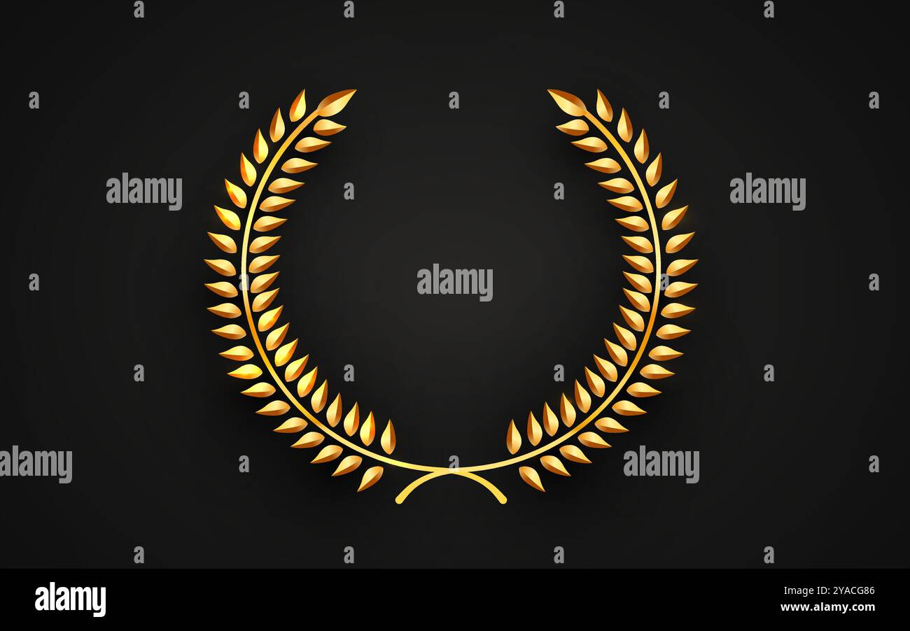 Realistic golden laurel wreaths on black background. Award, achievement, victory, winner, cinema ...