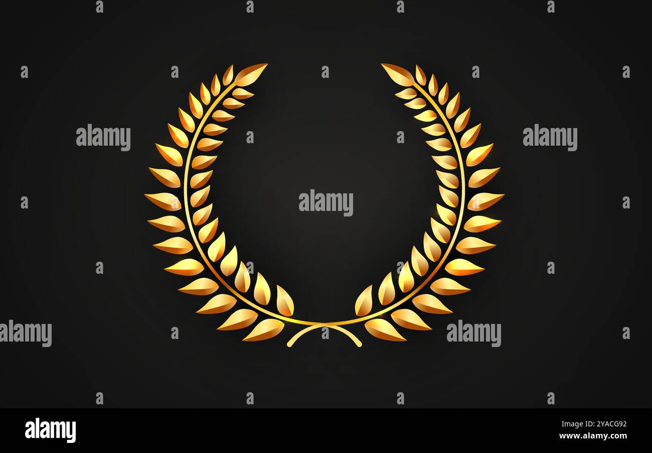 Realistic golden laurel wreaths on black background. Award, achievement, victory, winner, cinema ...