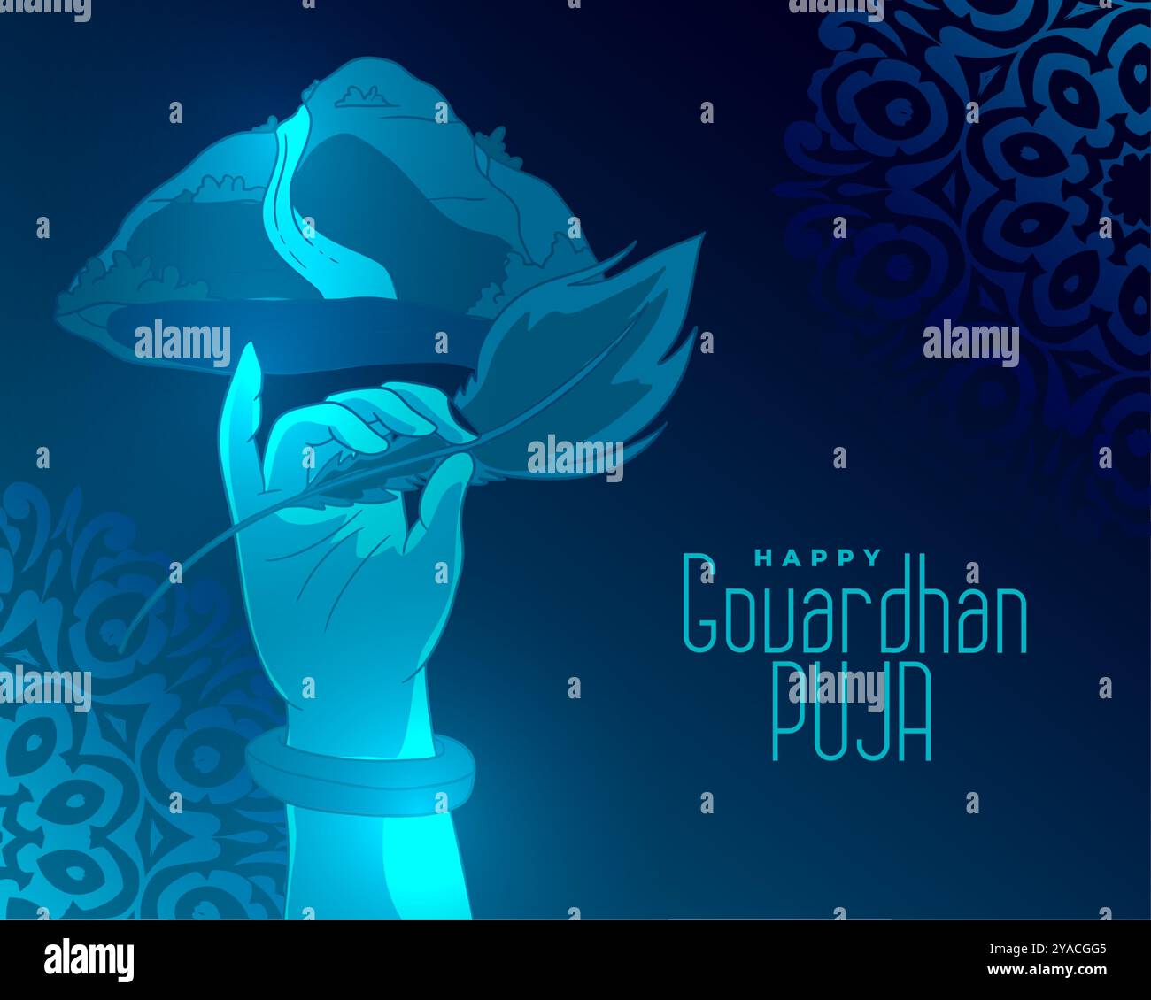 happy govardhan pooja greeting card with krishna hand lifting mountain ...