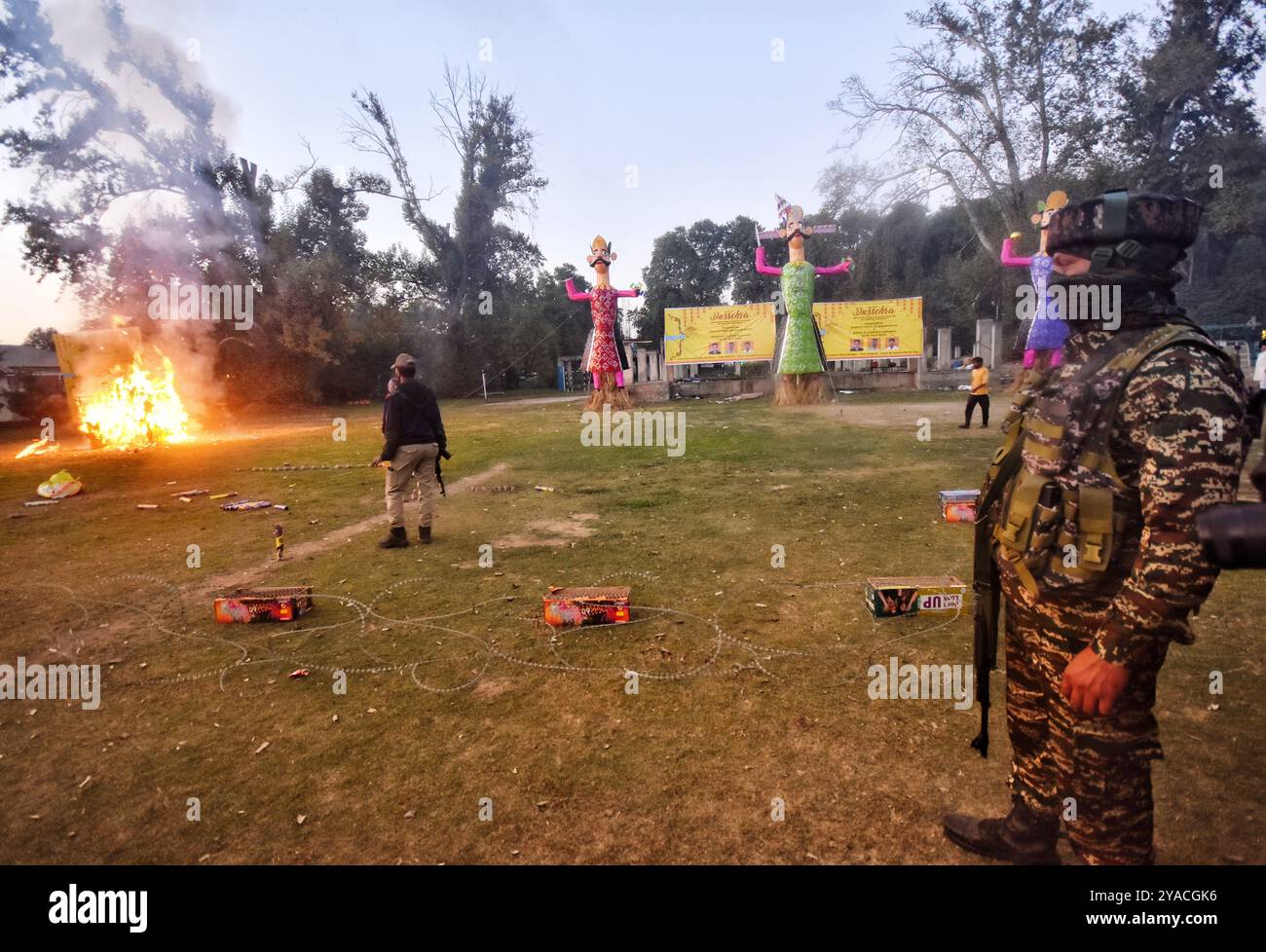 Effigies of the demon king Ravana, his brother Kumbkarana, and his son ...