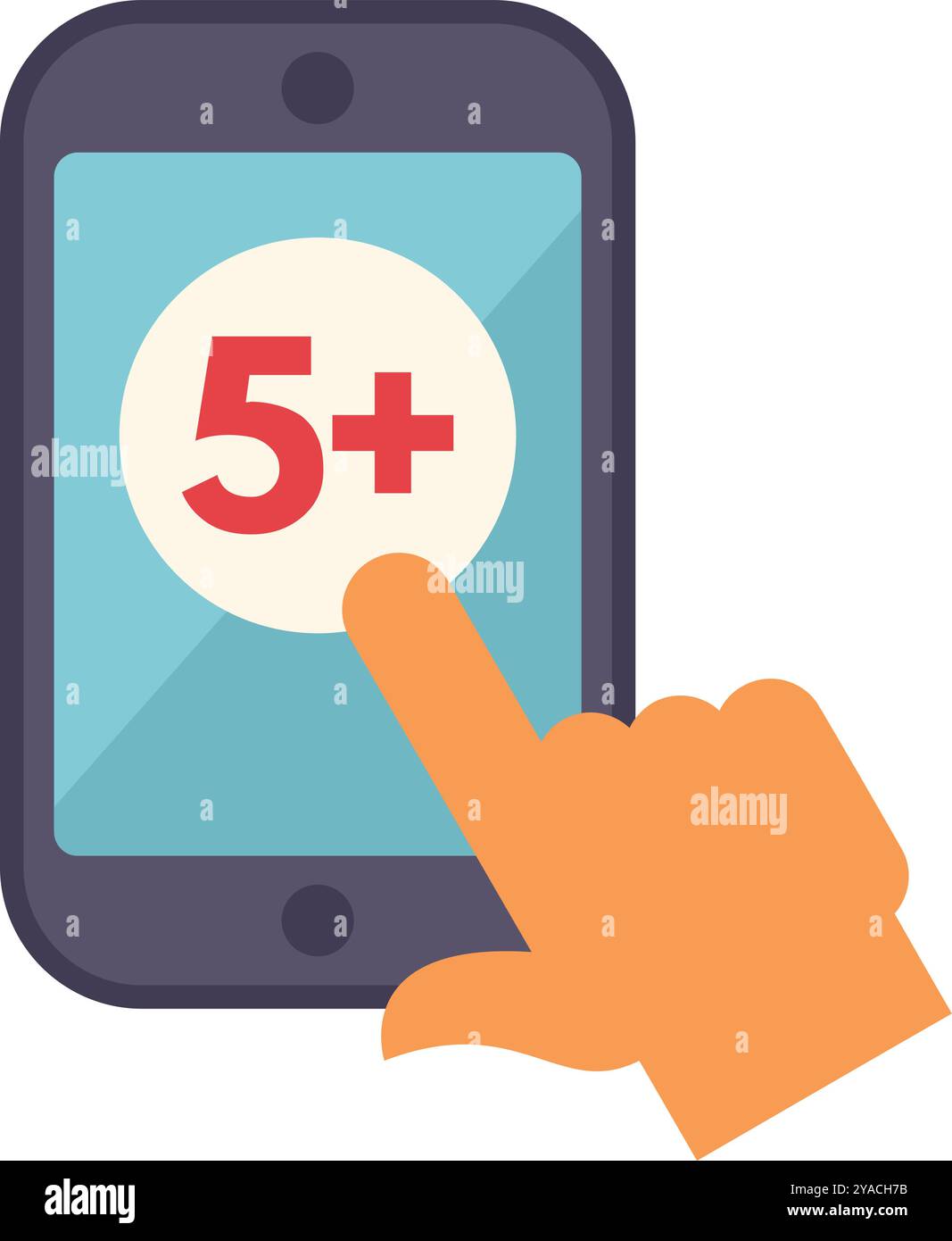 Hand is tapping a five plus age rating symbol on a smartphone screen ...