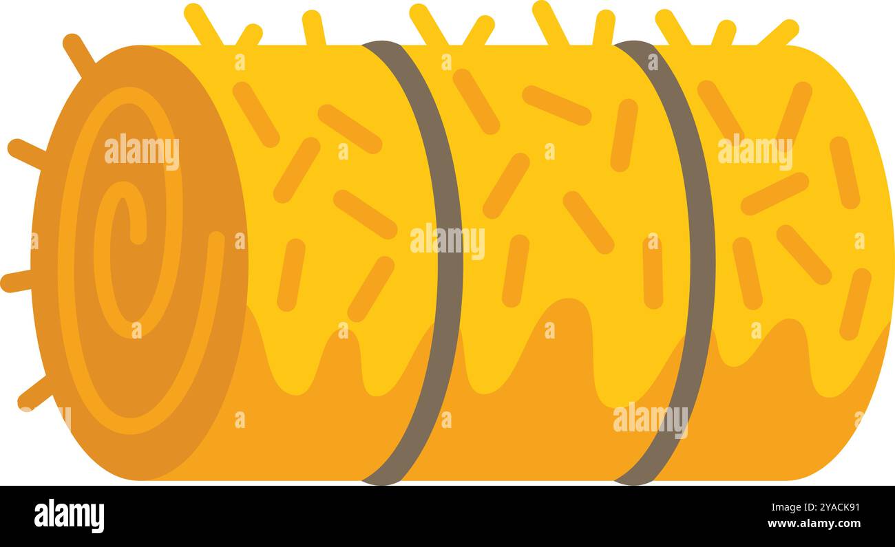 Round hay bale tied with strings is lying horizontally on a white ...