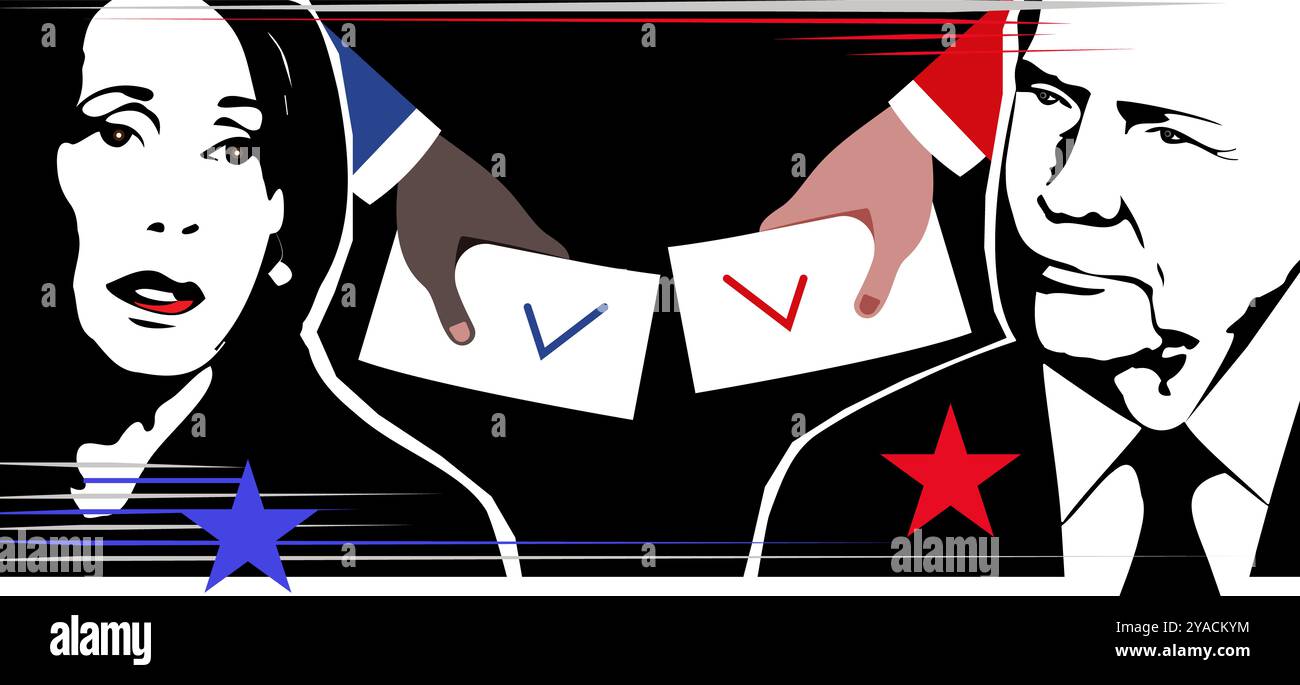 Donald Trump and Kamala Harris against the background of the hands of ...