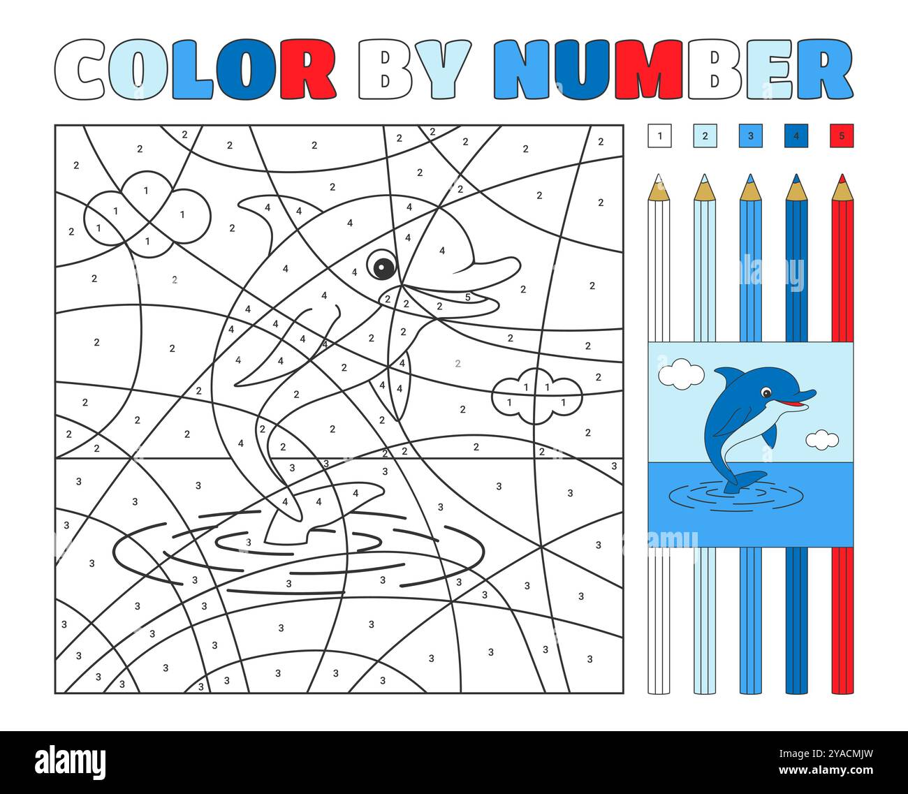 Color by number puzzle of a dolphin with colored pencils Stock Vector ...