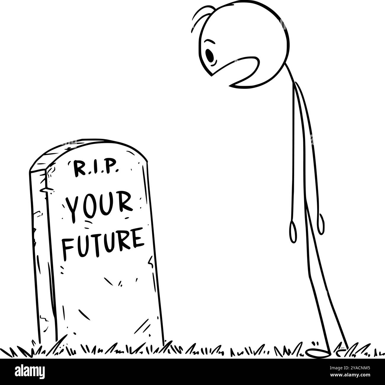 Shocked person looking at grave of his future , vector cartoon stick ...