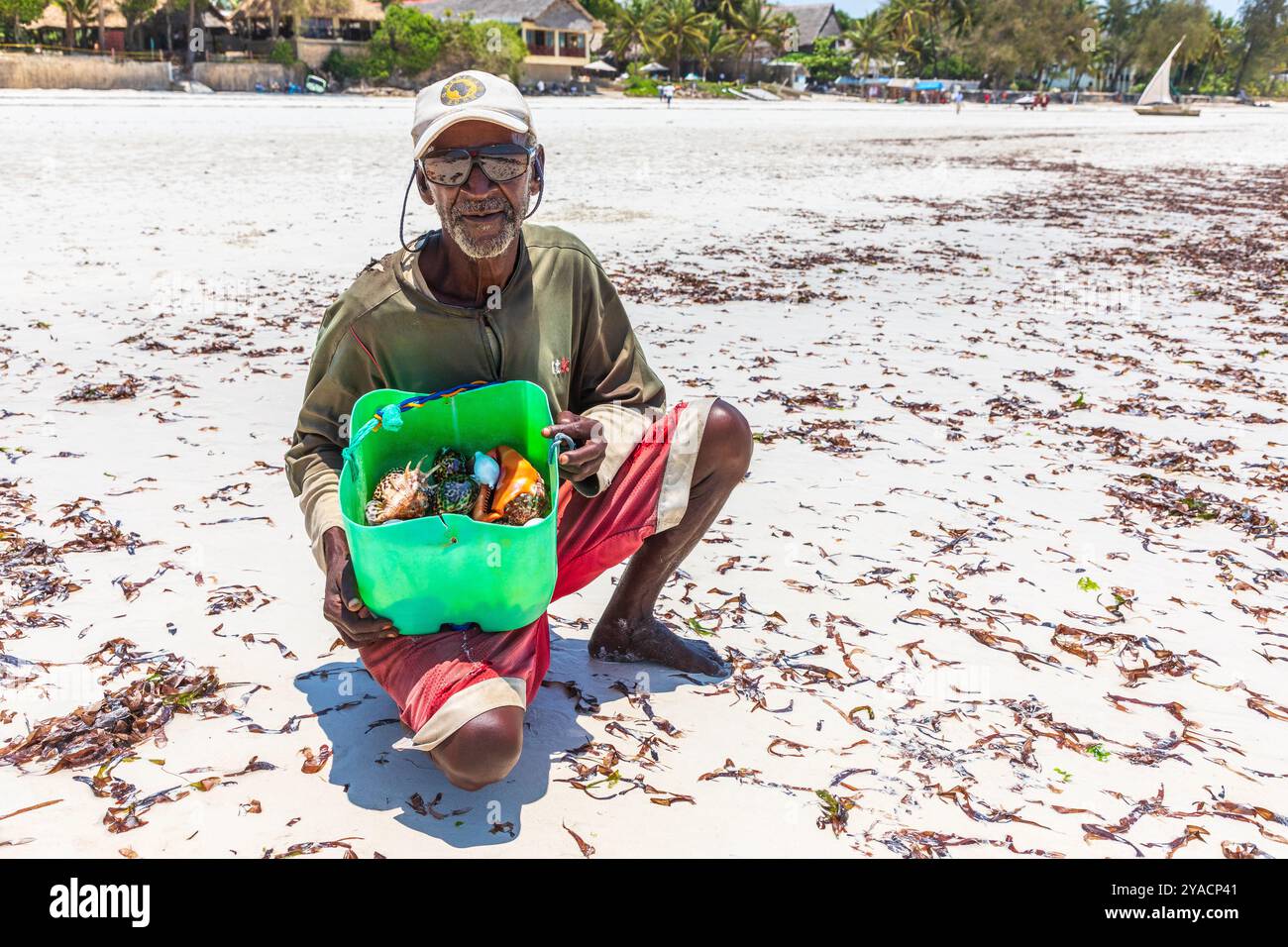 Local man selling sea shells on Diani Beach on the Indian Ocean, , Galu ...