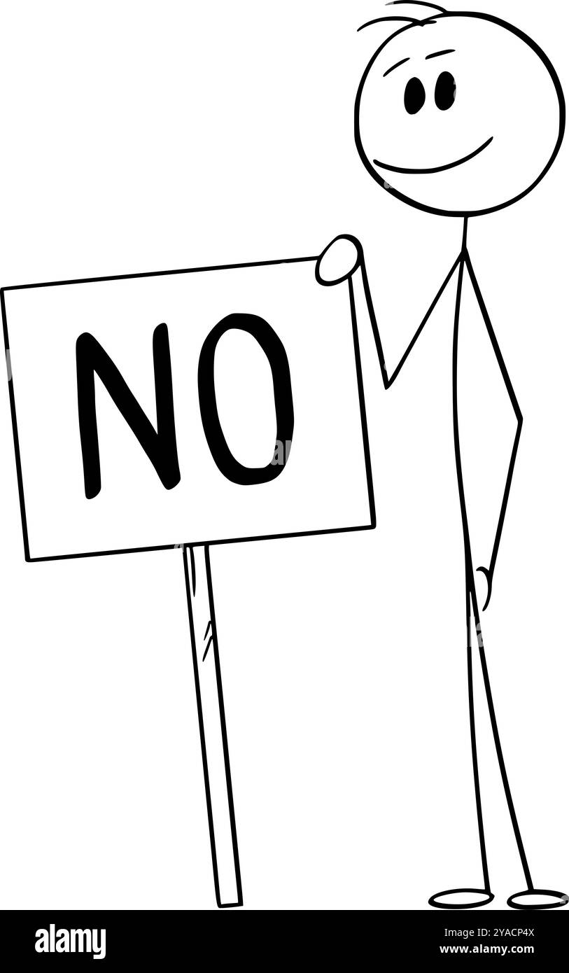 Smiling person holding negative no sign , vector cartoon stick figure ...
