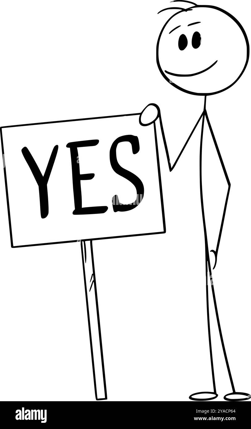 Smiling person holding positive yes sign , vector cartoon stick figure ...