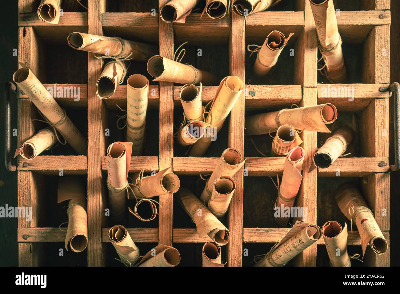 Extraordinary scribe library full of ancient scrolls in wooden box as ...