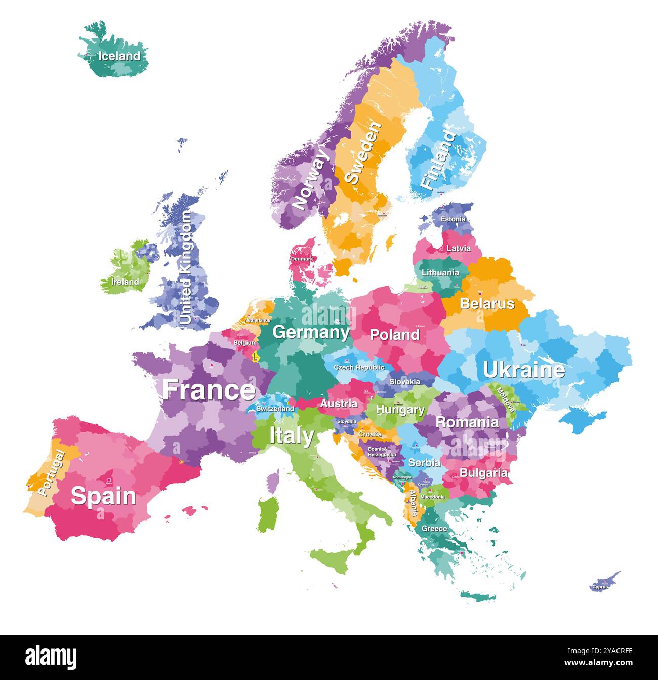 Europe detailed colored map with administrative divisions borders ...
