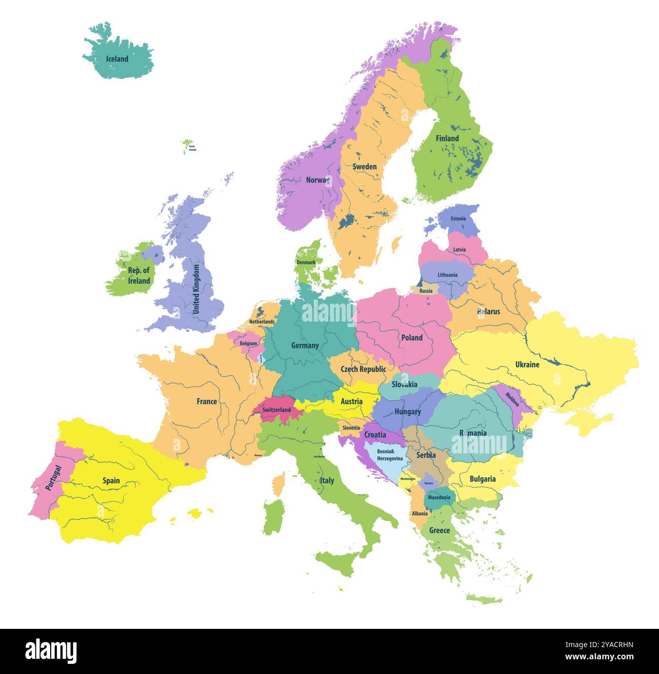 European colorful map with rivers. Vector illustration Stock Vector ...