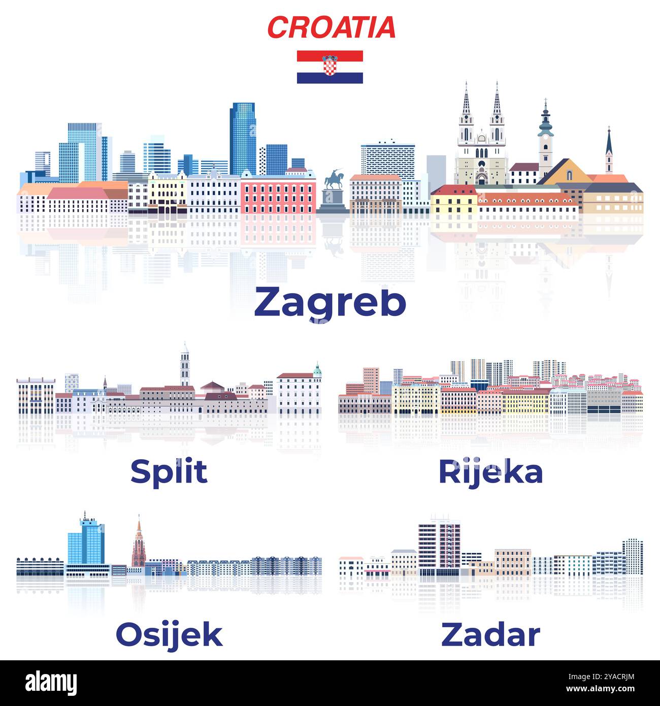 Croatia vector skylines in soft cold tones color palette. Crystal and ...